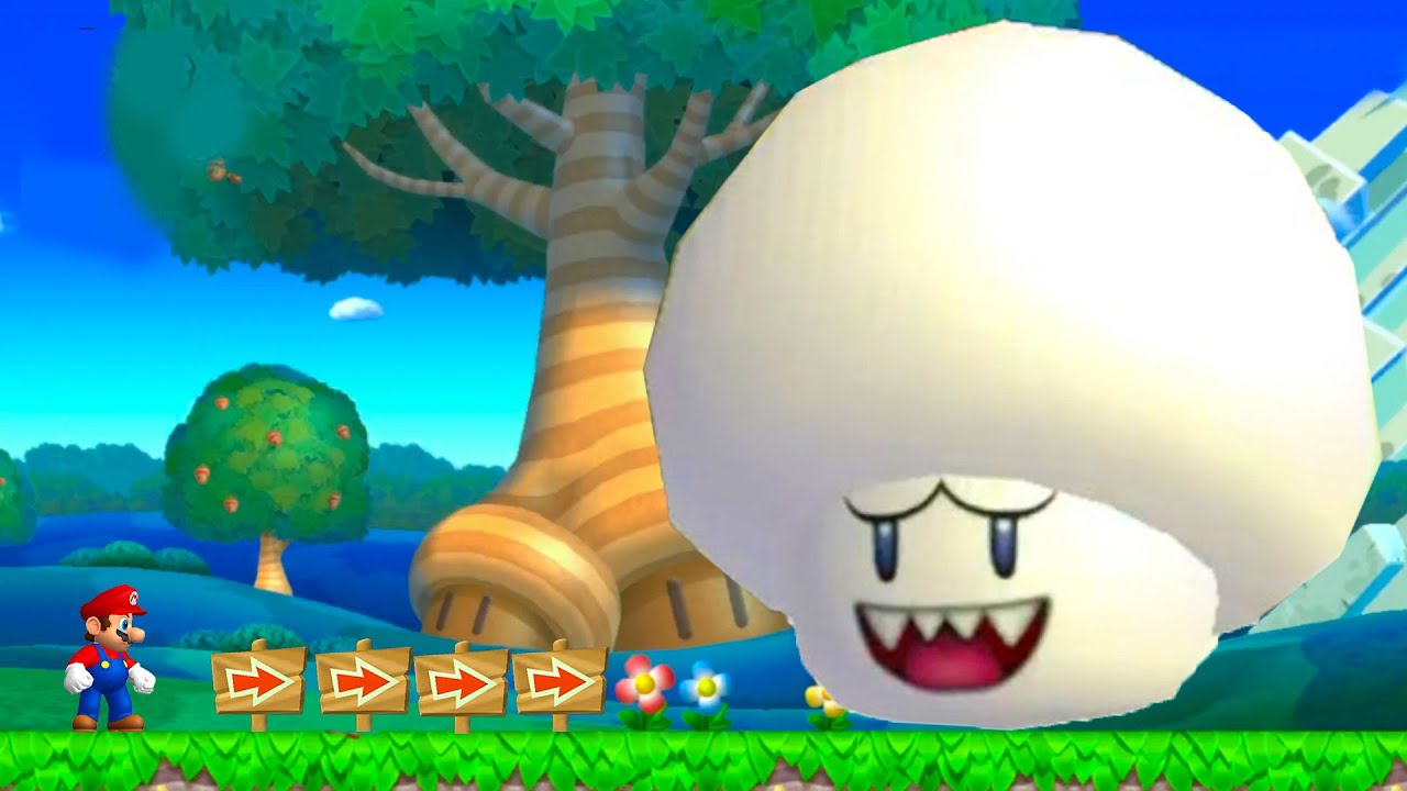 What happens if Mario use the Giga Boo Mushroom in World 1-1 of NSMBW ...