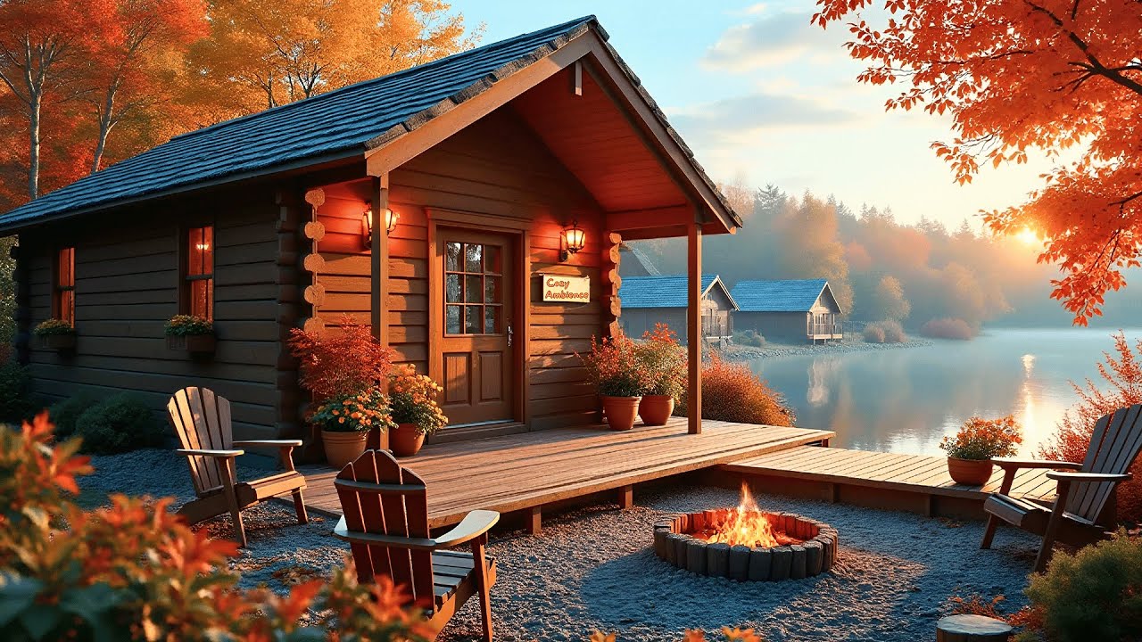 Cozy Lakeside Cabin with Fire Pit in Autumn: Relaxing Nature Sounds for ...