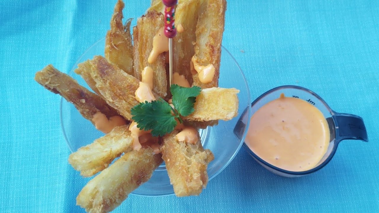 Yuca frita con mayonesa de pimiento - YouTube