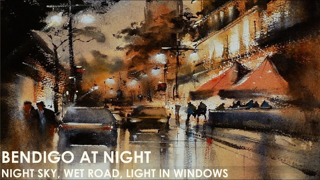 Loose Watercolor Painting Street Night Light and Reflection Bendigo at ...
