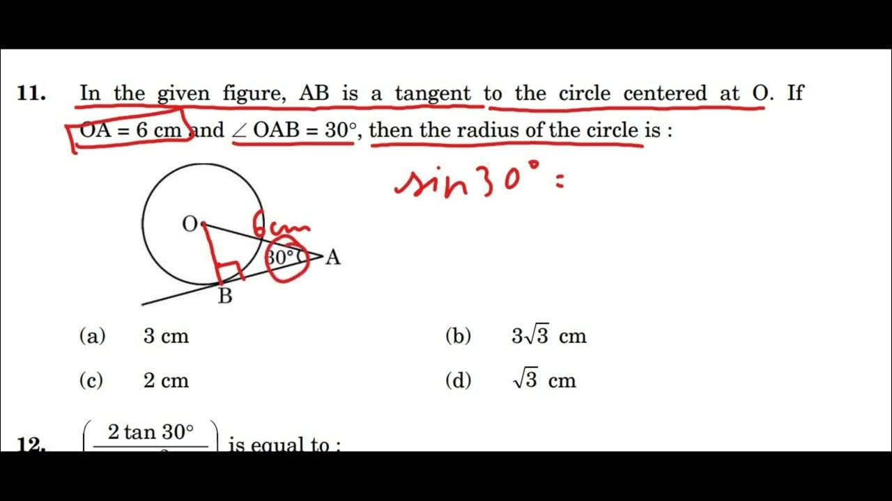 In the given figure, AB is a tangent to the circle centered at O. If OA = 6 cm and OAB = 30 # ...