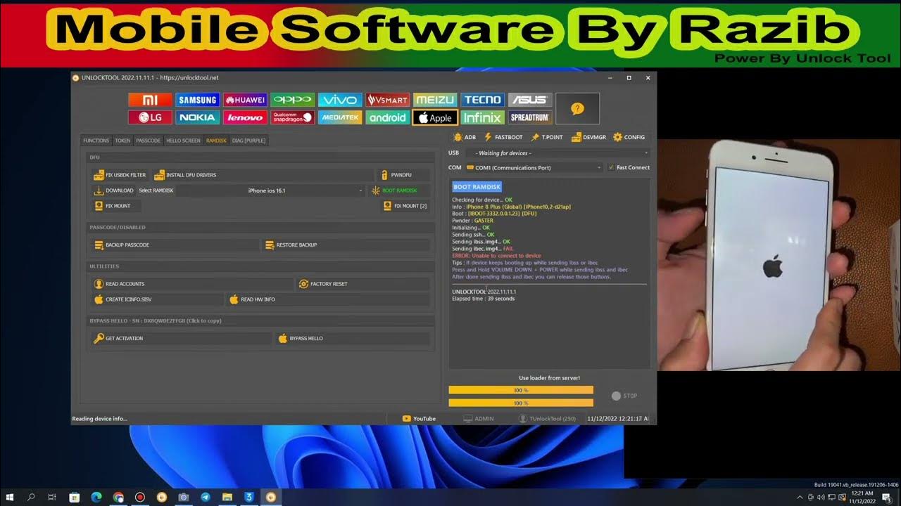 PWNDFU Ramdisk Bypass Hello Iphone 8G 8P ios 16 1 x UnlockTool - YouTube