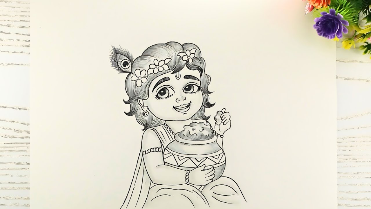 Krishna Drawing -Easy Step By Step With Pencil | Krishna Ji with Makhan ...