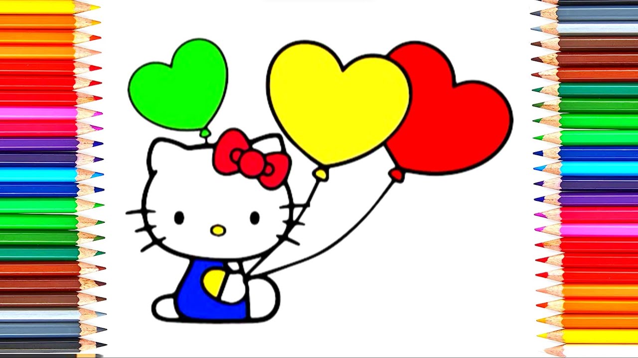 How to draw a cute hello kitty with balloons, easy drawing for toddlers ...