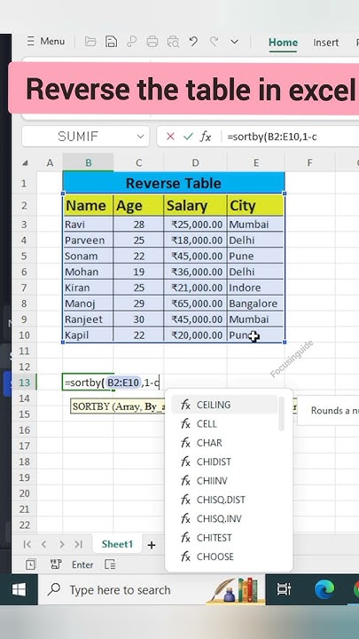 Reverse The Table In Excel Tips And Tricks Focusinguide Exceltips Tutorial Shortvideo Youtube