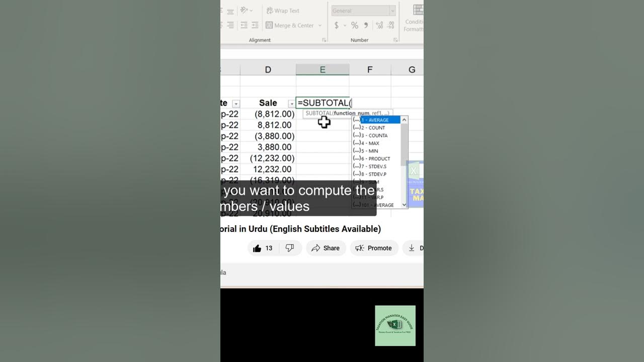 Using the SUBTOTAL Function to Compute Averages in Excel #exceltips #subtotal #excel # ...