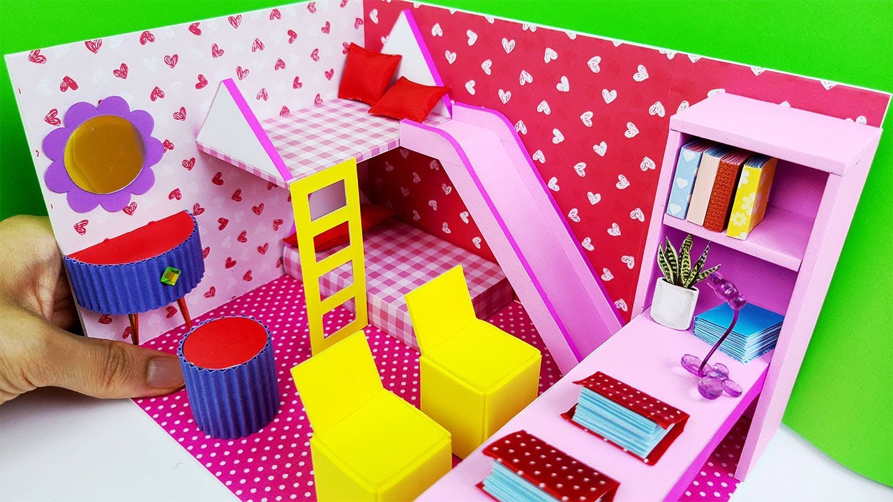 DIY Miniature Cardboard House Pink house bedroom - YouTube