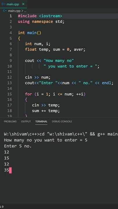 c++ program to find sum and average of n numbers using for loop @PWOShivam #shorts - YouTube