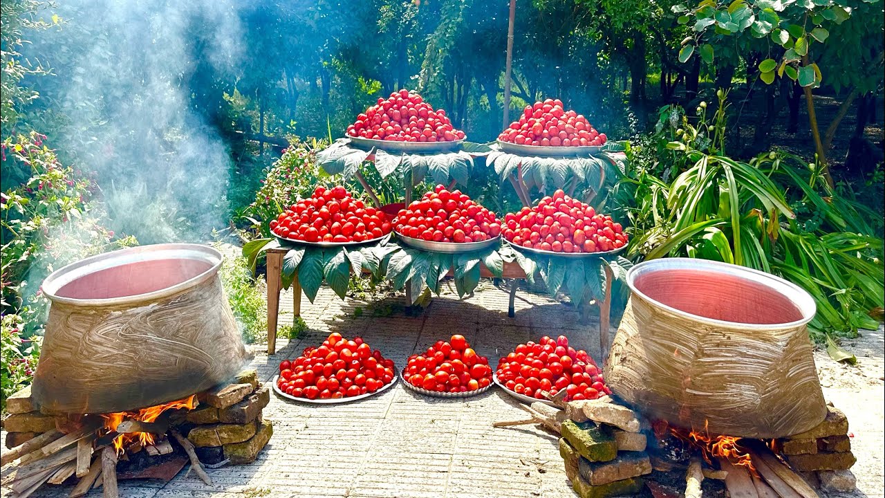 Cooking 200 kilos of organic tomatoes and preparing homemade tomato ...