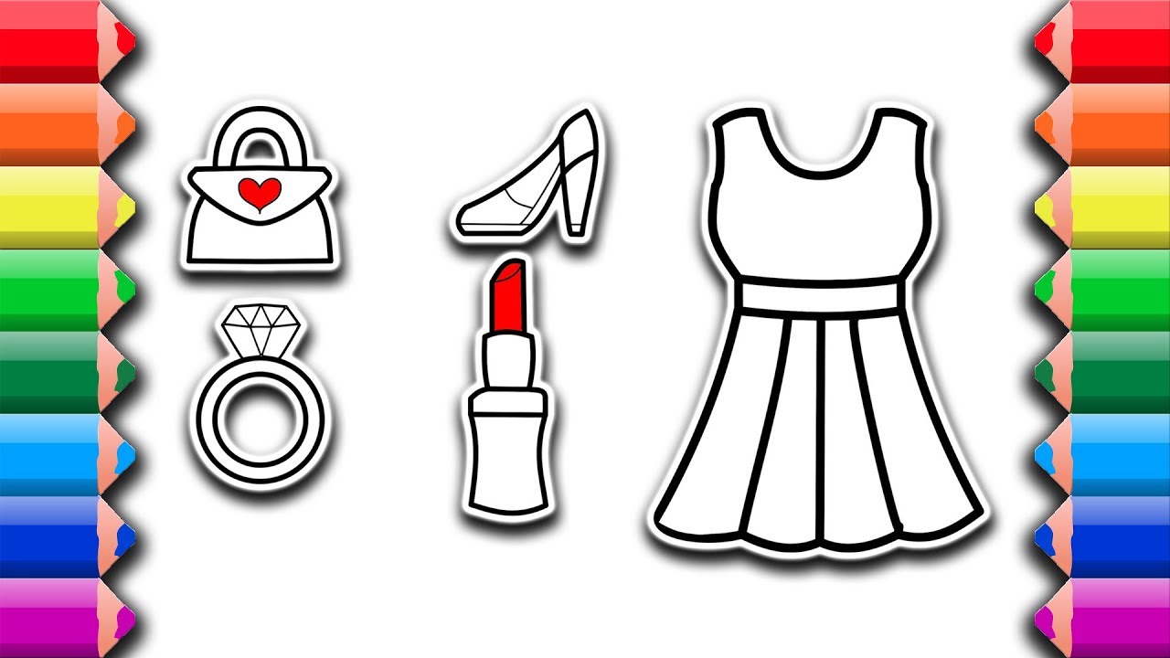 Coloring girls accessories kit. Dress Purse Lipstick Diamond ring Shoes ...