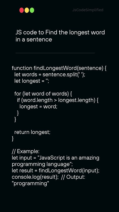 code to find the longest word in a sentence #js #javascriptinterview #interviewquestions - YouTube