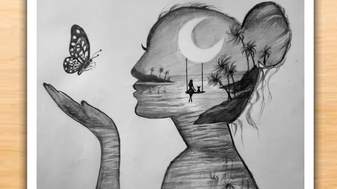 Double Exposure Drawing Pencil / Pencil Sketch Drawing Step by Step ...