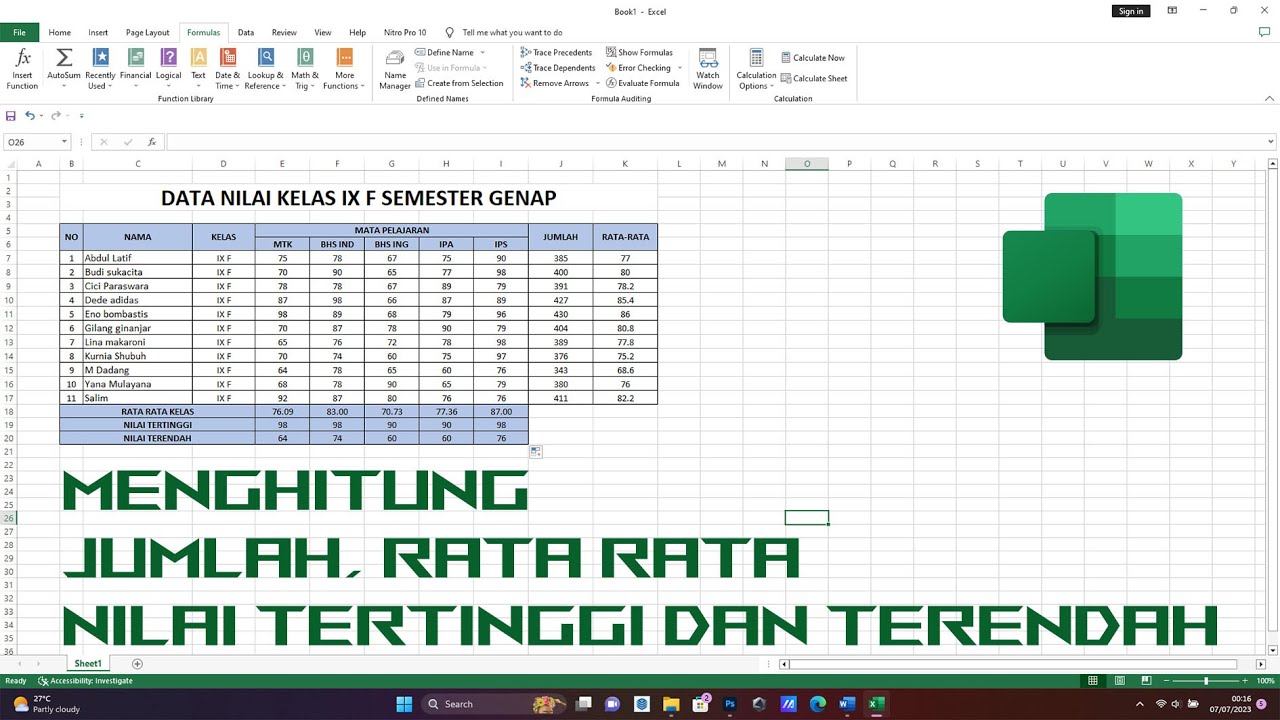 CARA MENGHITUNG JUMLAH, RATA RATA, NILAI TERTINGGI DAN TERENDAH MS ...