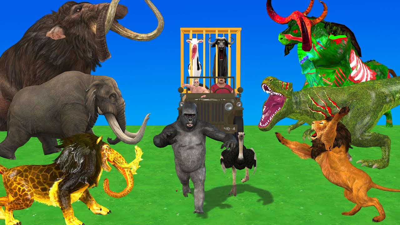 10 Buffalo Cow Zebra vs 2 Hunter Evil Giant Zombie Dinosaur Lion Attack ...