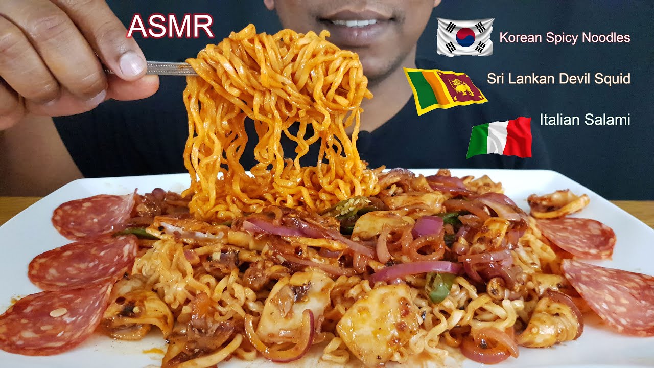 ASMR : SAMYANG SPICY NOODLES + DEVILED SQUID + SALAMI + REAL EATING ...