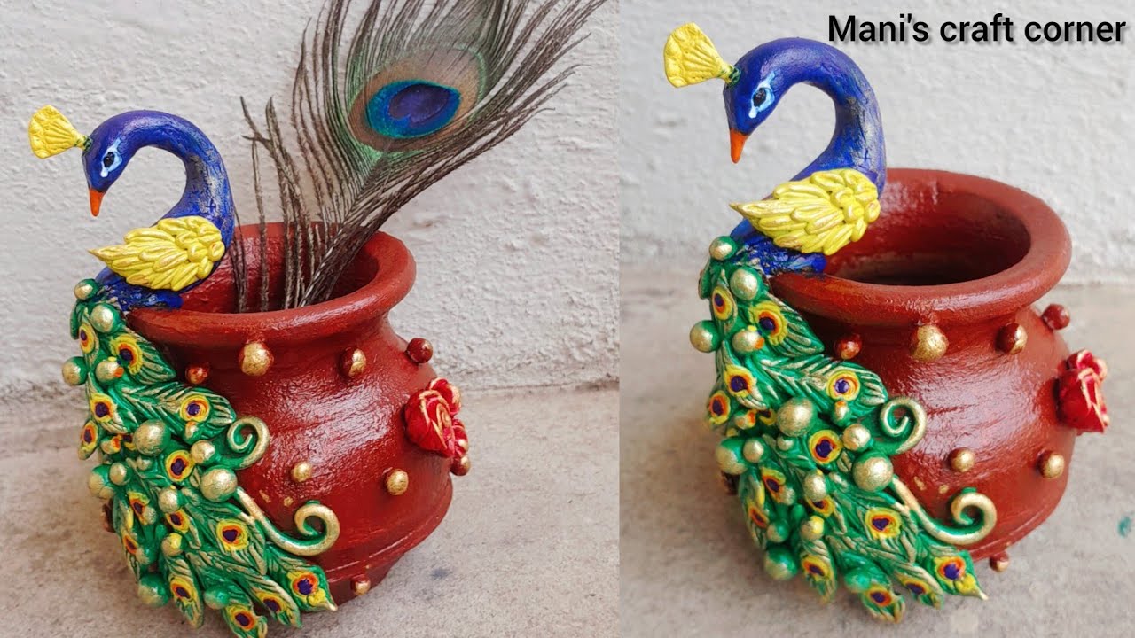 Peacock Design on Pot // Pot Decoration Idea / Clay art with Fevicryl ...