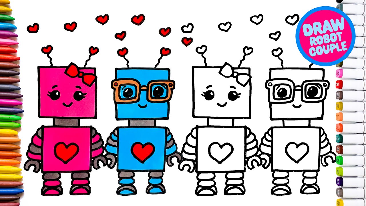 Draw cute ROBOT COUPLE 🤖🤖🤖🤖| Step by Step | Easy drawing for kids 🌈🌈 ...