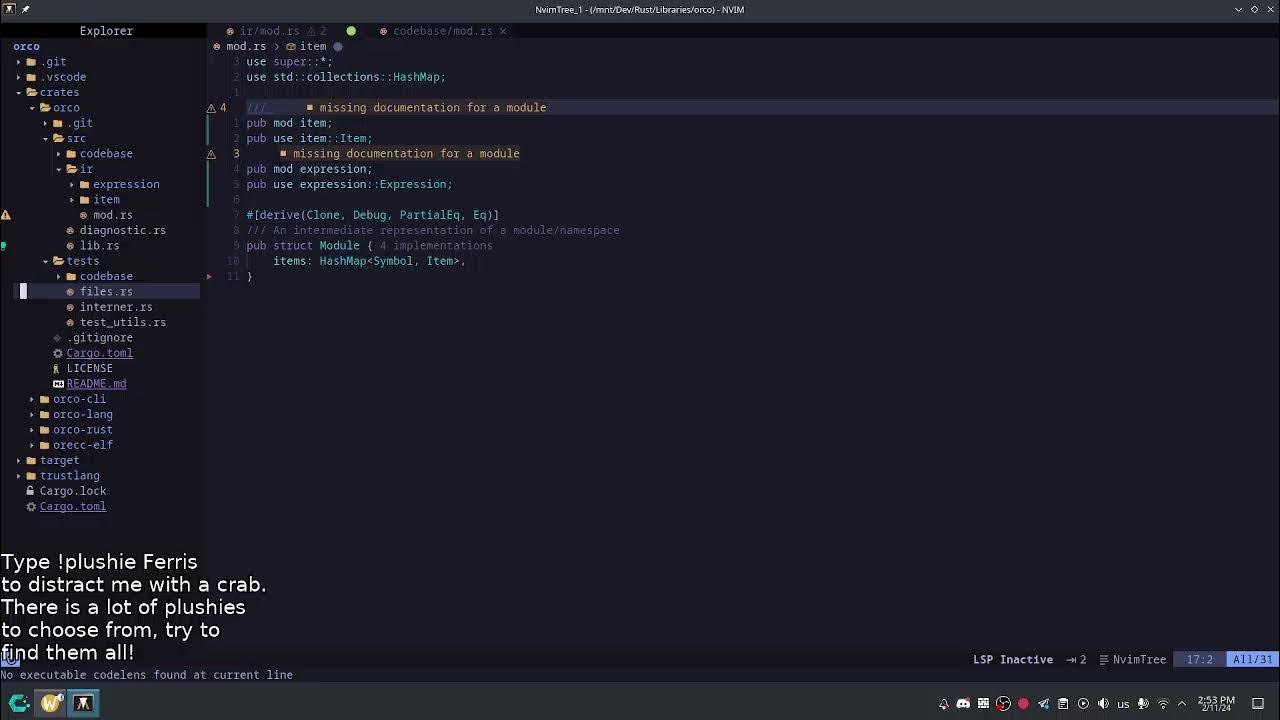 Catchy OS & 🌕Lunar Vim | !plushie | Building a compiler backend in Rust🦀 - YouTube