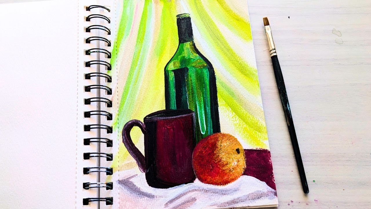 How to paint a still life art using acrylic painting | Wine bottle mug ...
