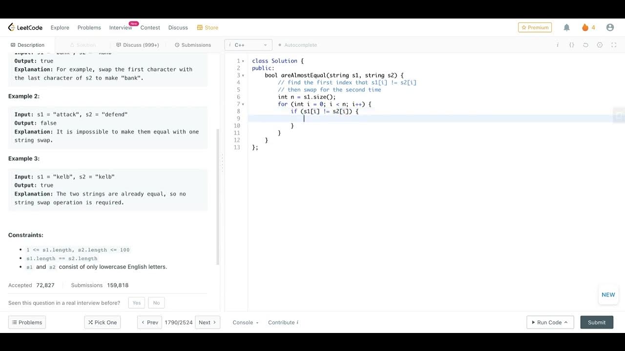 LeetCode Programming Skills I - Day 04. 1790. Check if One String Swap Can Make Strings Equal ...