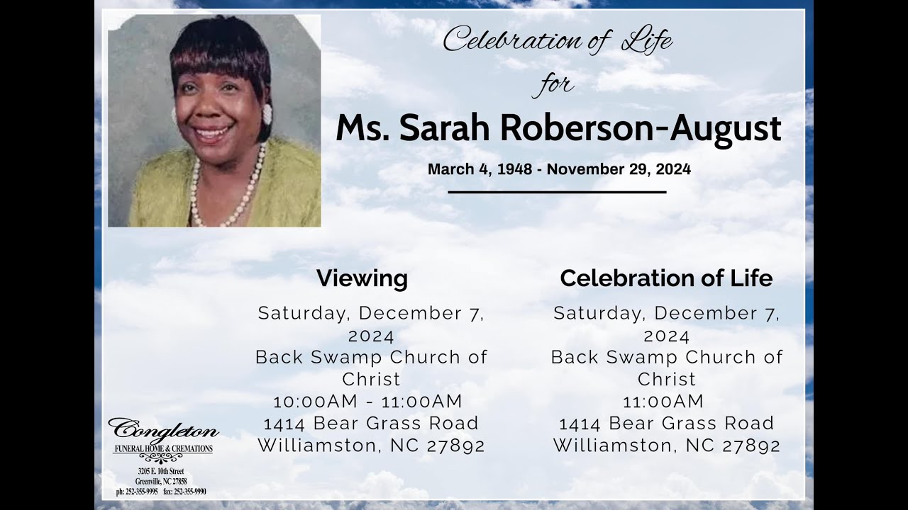 Homegoing Celebration for Ms. Sara Roberson-August - YouTube