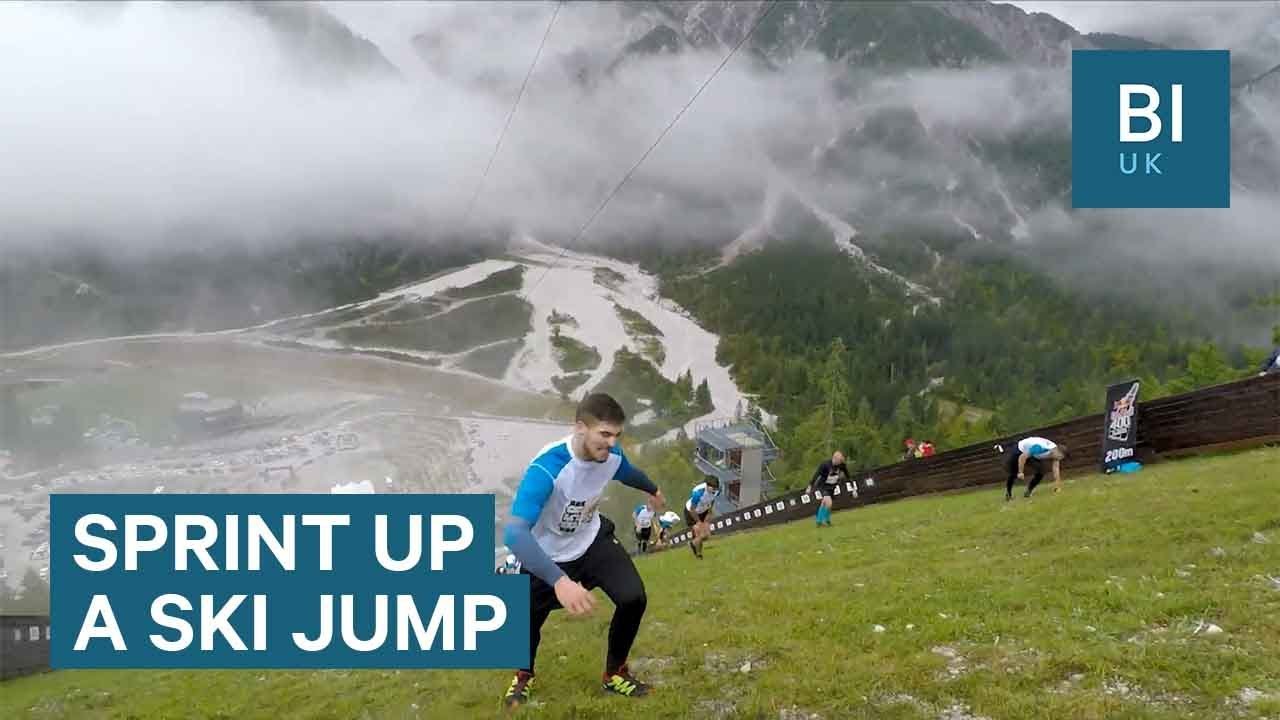 Runners race 400m up a 40 degree incline ski slope - YouTube