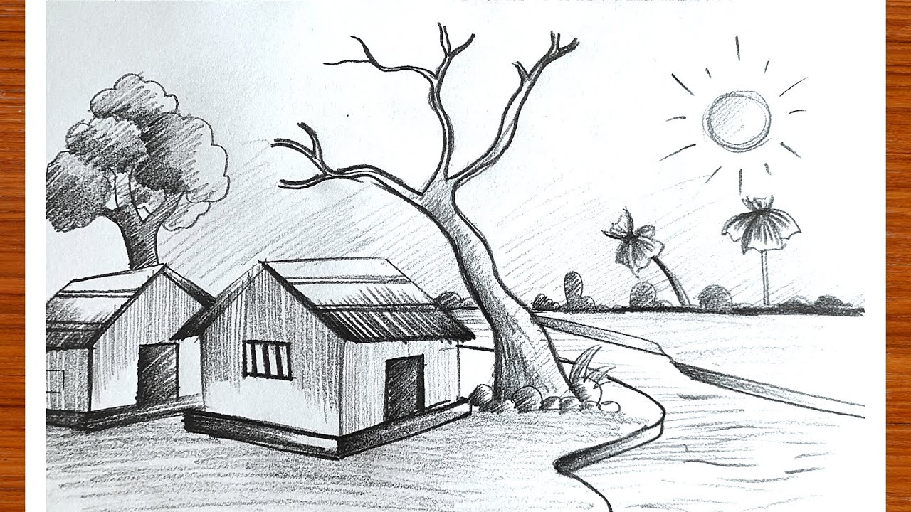How to sketch village scenery very easy step by step || beautiful ...