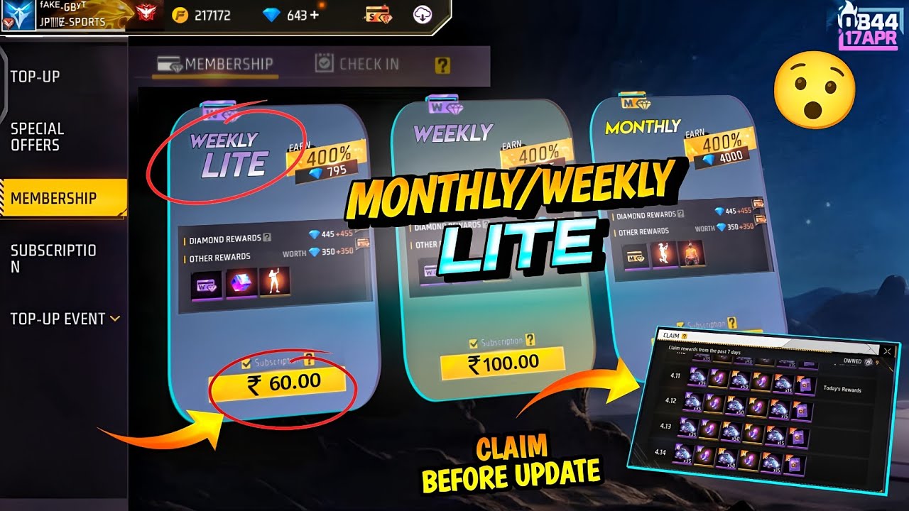 New Mini Weekly & Monthly Membership 😮🥳 | 17 April Update Free Fire ...