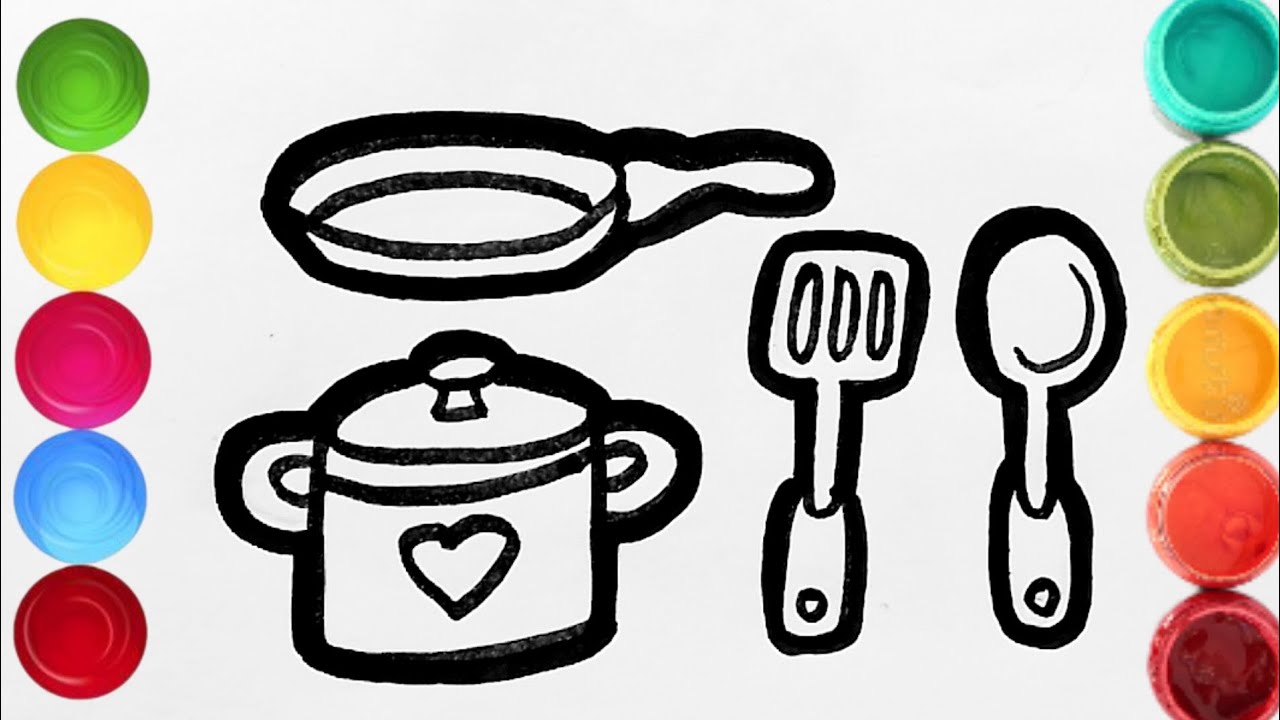 Kitchen Utensils Easy and Cute drawing easy with colours - YouTube