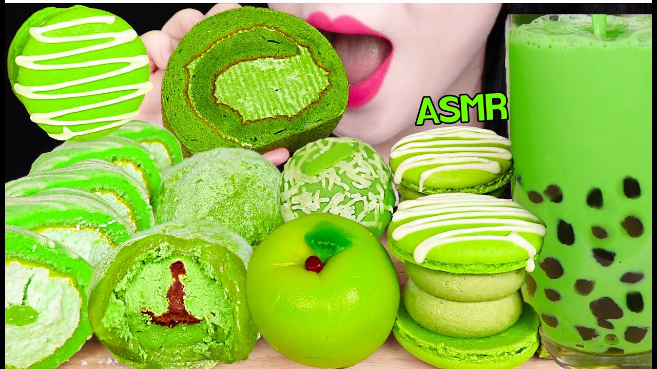 ASMR GREEN TEA DESSERTS *BOBA BUBBLE TEA, GREEN TEA CAKE 녹차 버블티, 녹차 케이크 ...