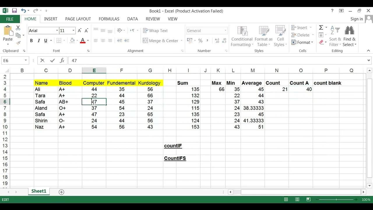 EXCEL ,Function(Sum, max, min, average, count,countA, countBlank, countif and countIFS) مایکرۆ ...