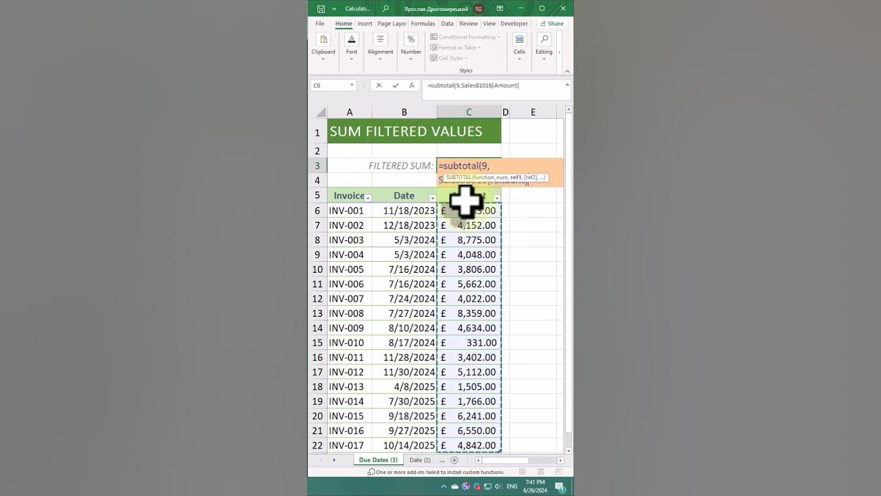 Sum VISIBLE rows ONLY in Excel - SUBTOTAL Formula - YouTube
