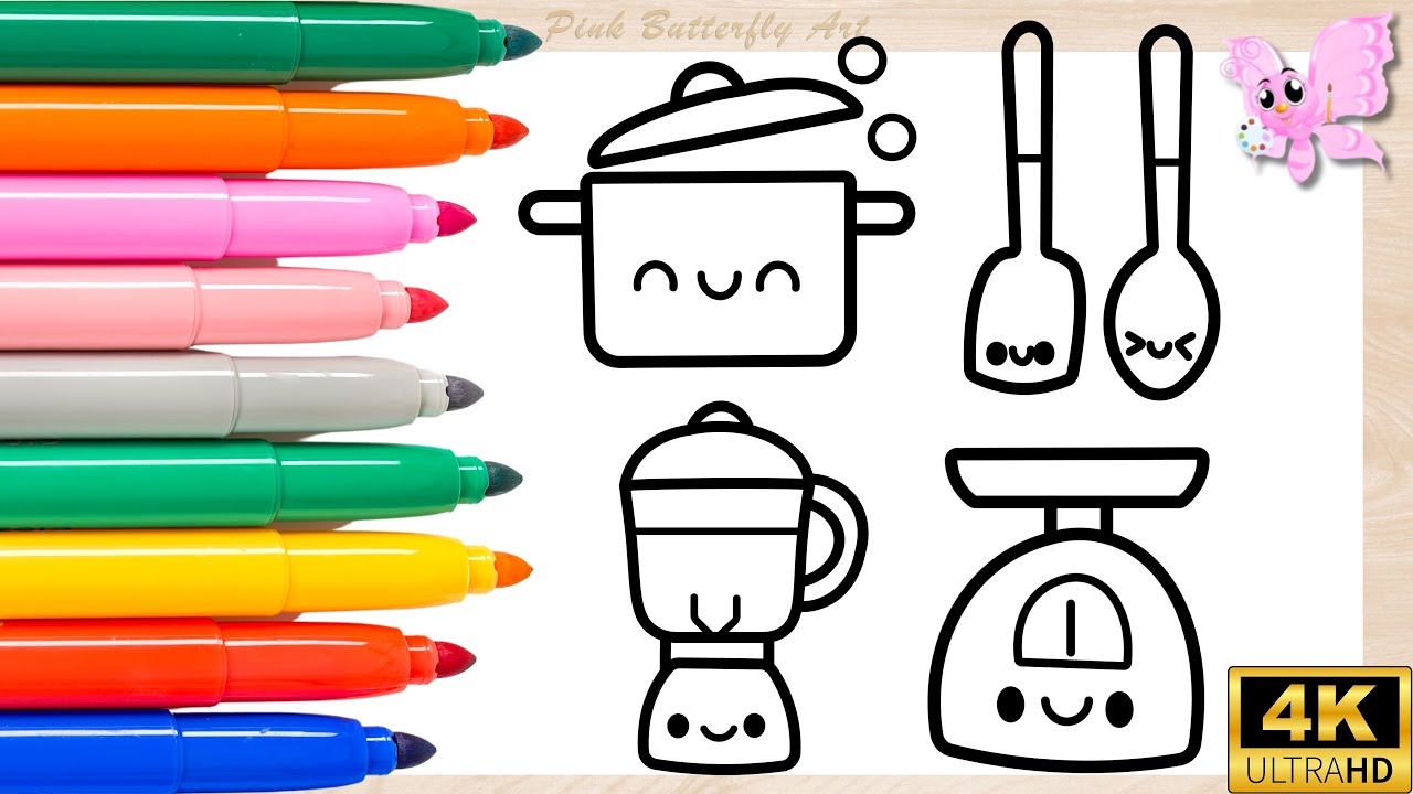Kitchen Utensils Drawing and Coloring for Kids Toddlers Preschoolers ...