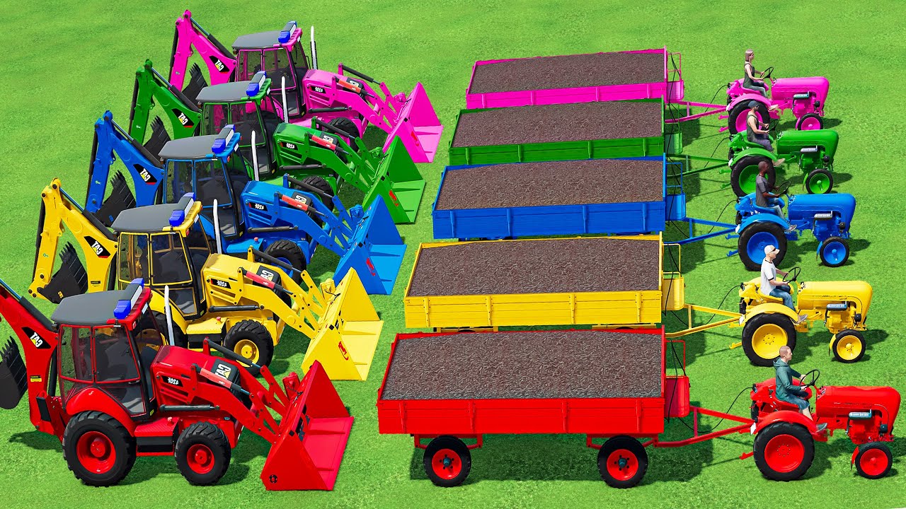 TRANSPORTING Mini PORSCHE TRACTORS & LOAD CORN with FLATBED TRAILER & CRAZY CAT LOADERS!! FS22 ...