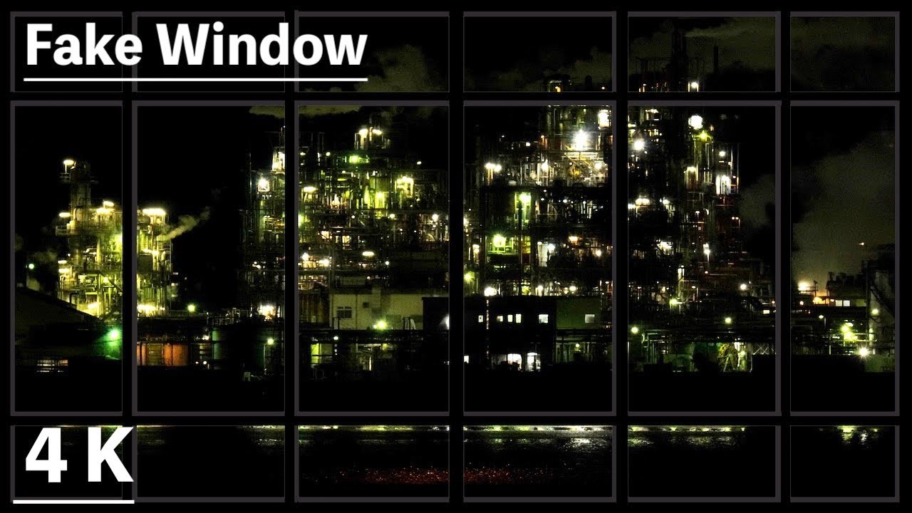 4K | Fake Window | Seaside factory night view, ambient sound, wave ...