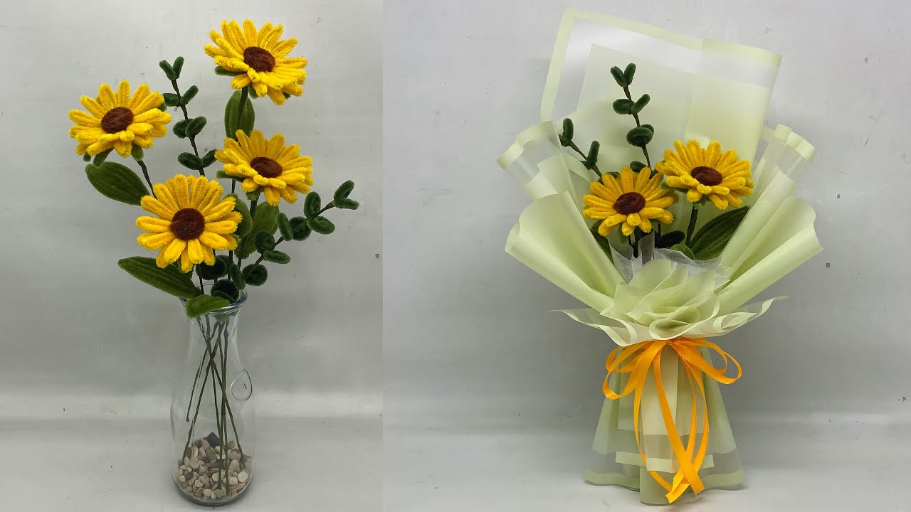 DIY | Cara Membuat Buket Bunga Matahari Dari Kawat Bulu Simple | Bunga ...