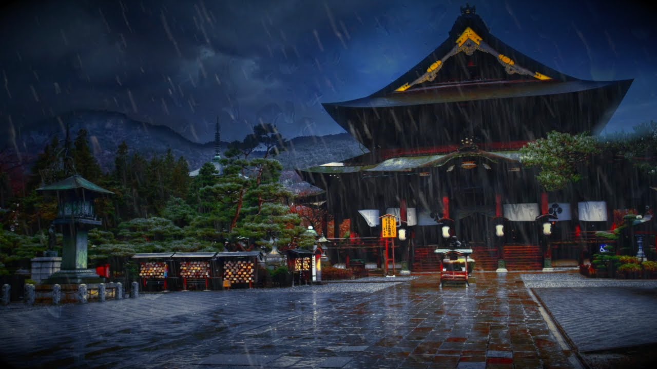 Relaxing Rain Temple Square Japan - Rain And Thunder Sounds For ...