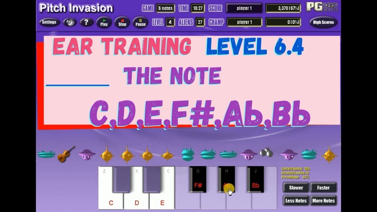 Ear training. Music game 6.4 Learning notes C,D,E,F#,AЬ,Bь - YouTube