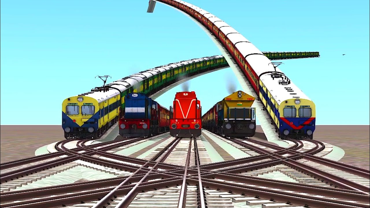 5 hampi train FIVE TRAIN CROSSING ON BUMPY forked RAILROAD TRACKS ...