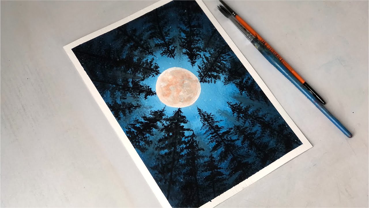 A painting of a forest landscape with a full moon | relaxing acrylic ...