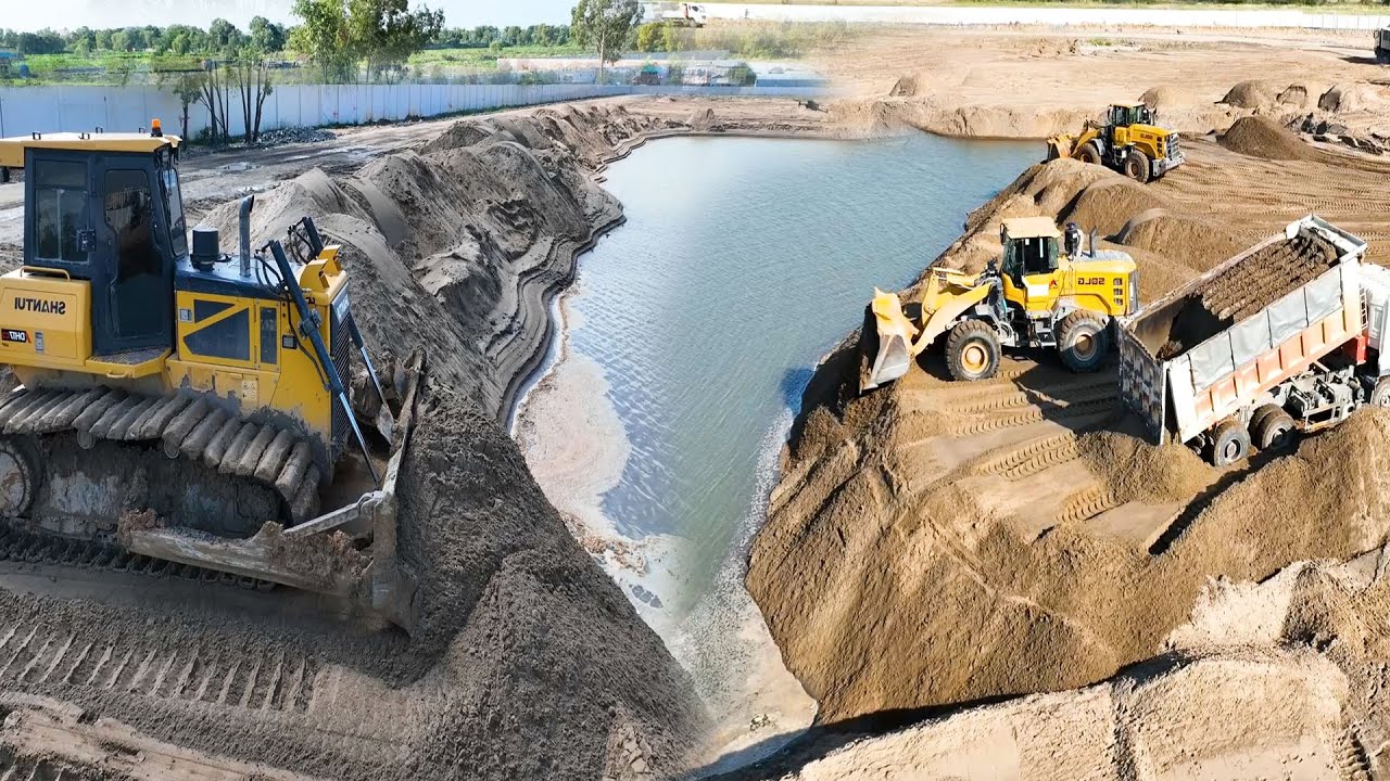 New update Dozer Pushing sand to clear a large lake and Truck 25Ton ...