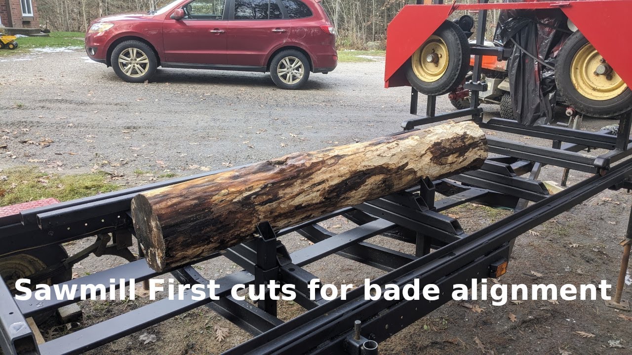 DIY Sawmill first cuts for blade alignment - YouTube