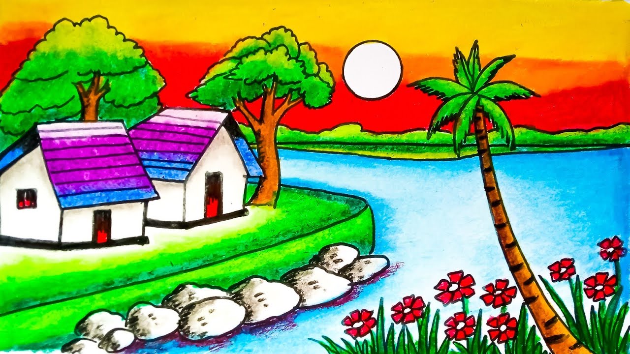 How To Draw Nature of Sunset Scenery Step By step. - YouTube