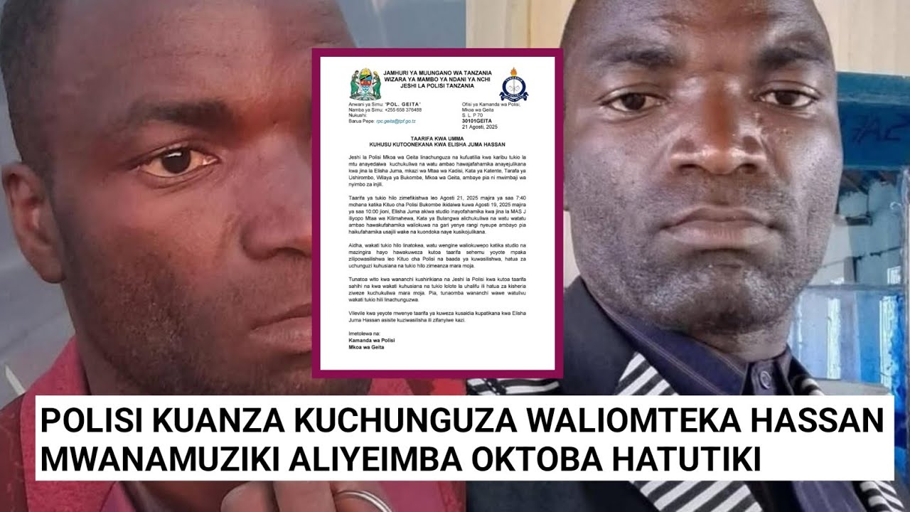JESHI LA POLISI LATOA TAARIFA RASMI KUTEKWA KWA ELISHA JUMA NA WATU ...