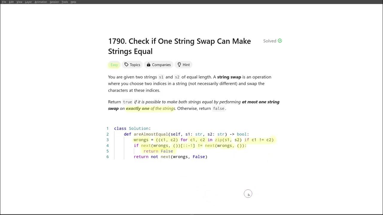 [February 5, 2025, LeetCode daily] 1790. Check if One String Swap Can Make Strings Equal ...
