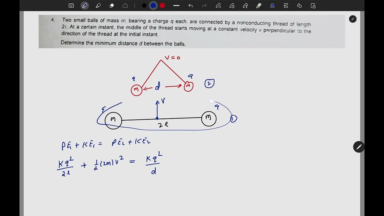Irodov problem// Two small balls of mass m bearing a charge q each, are connected by a ...