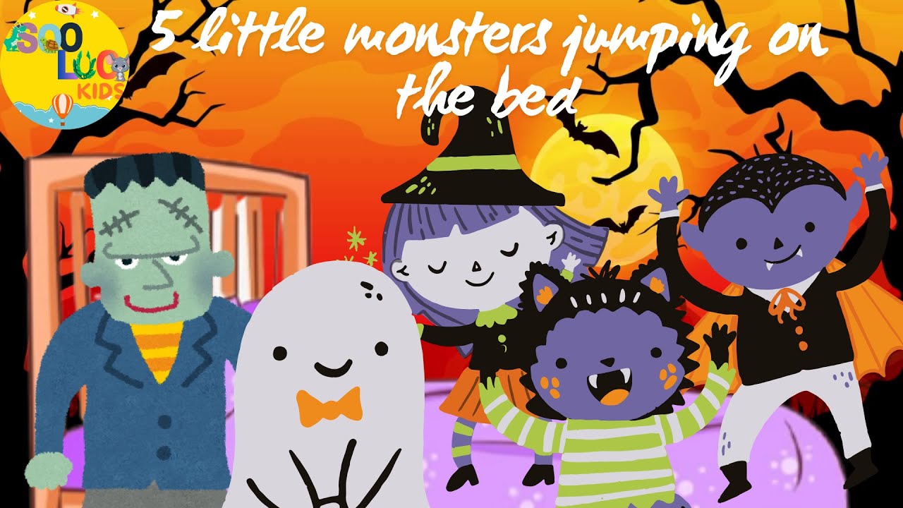 Five Little Monsters Jumping On The Bed | Kids Halloween Song | SooLoo ...