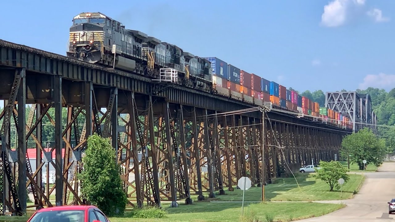Trains Passing On Gigantic Bridge With View From Top, Coal Trains Under ...