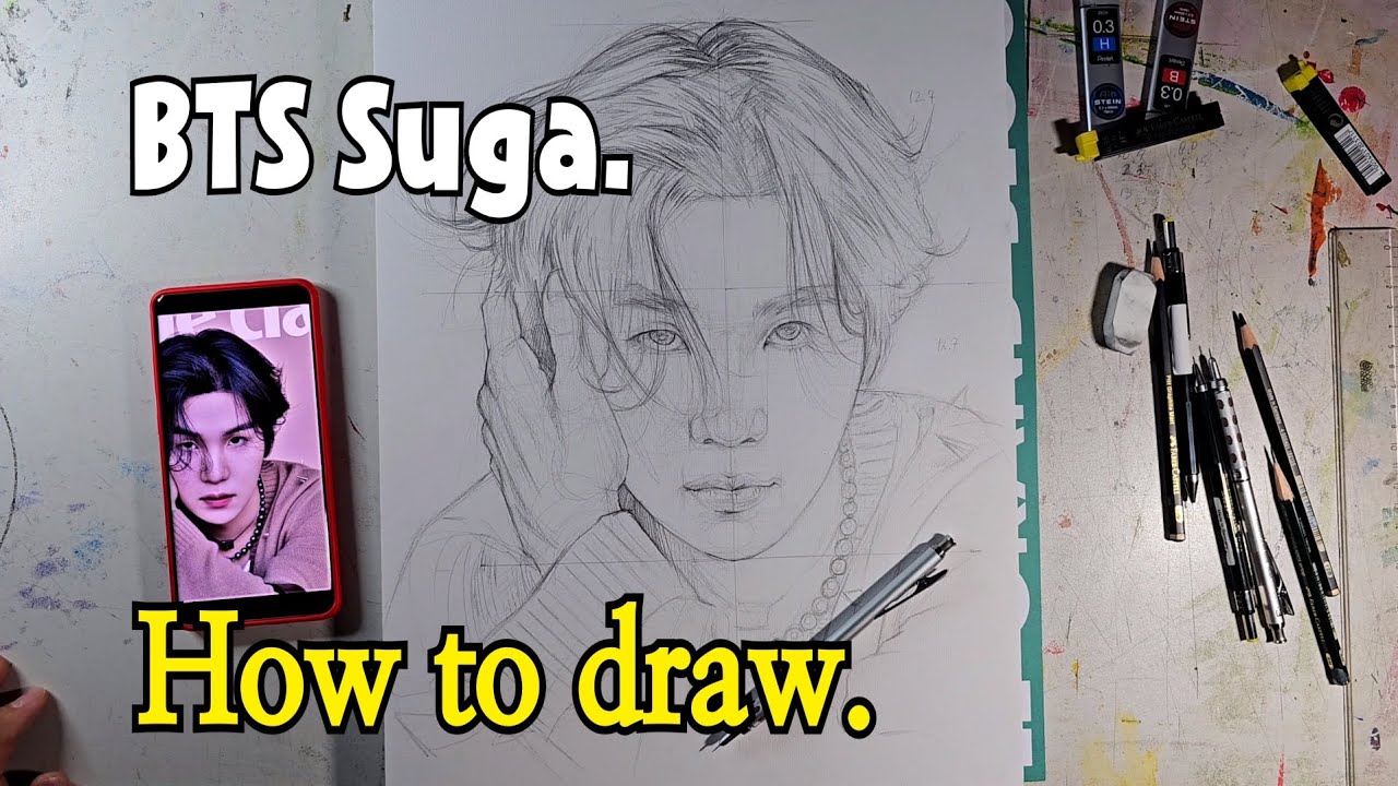 4K‼️ Drawing tutorial for Suga Yoongi BTS, pencil drawing. 방탄소년단 슈가 민윤기 ...