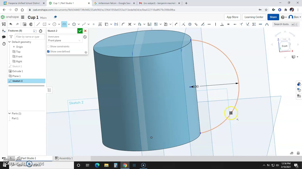 Coffee Mug - OnShape (sketch, extrude, offset reference plane, sweep ...